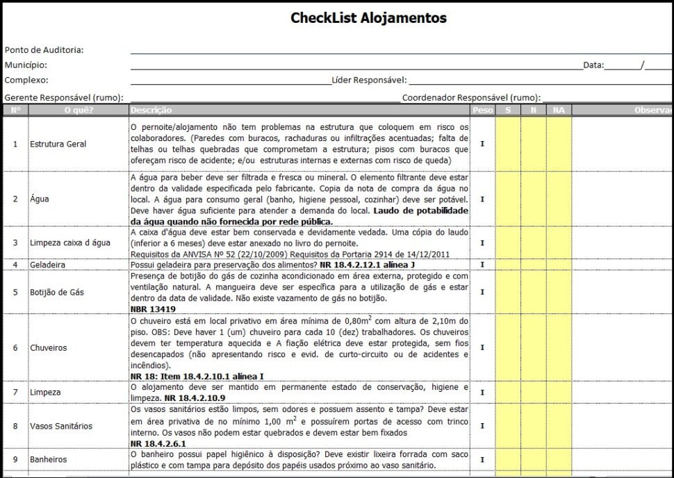 Checklist de Alojamento - NR 18 - Download